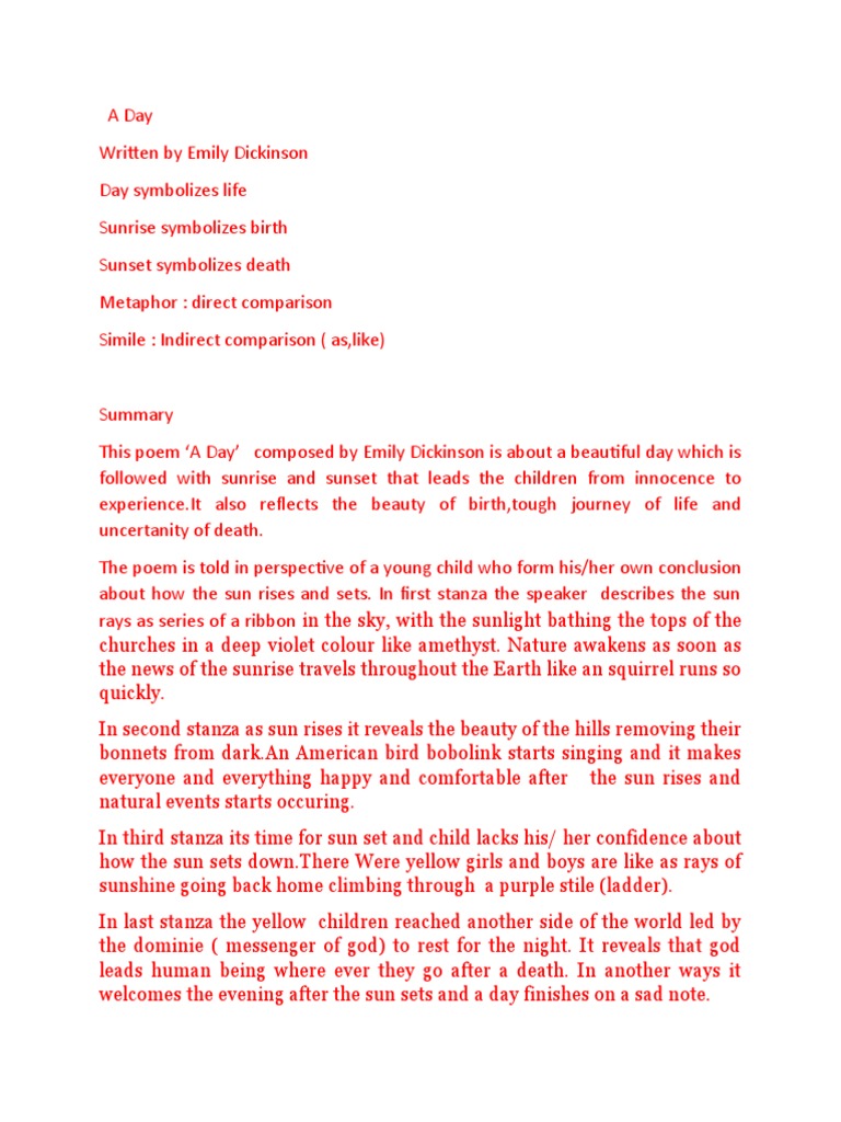 Emily Dickinson's 'A Day' Explained | PDF | Poetry | Emily Dickinson