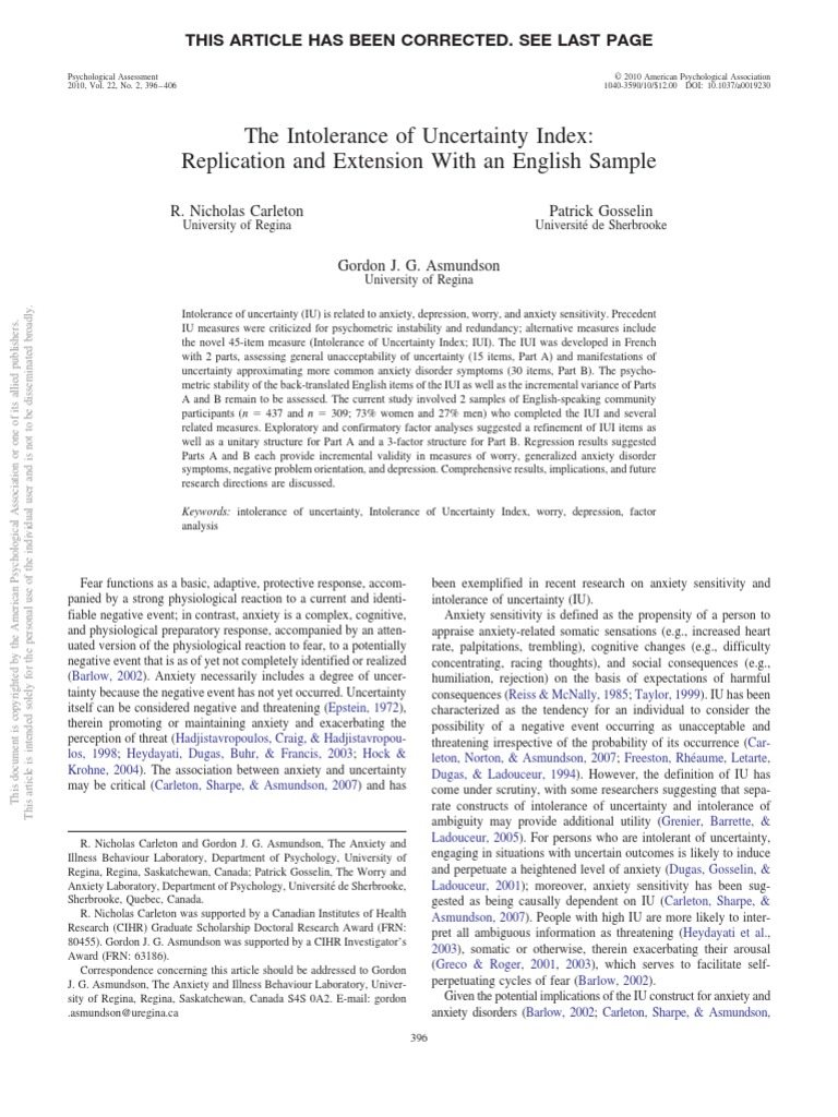 2010 - The Intolerance of Uncertainty Index | PDF | Generalized Anxiety ...