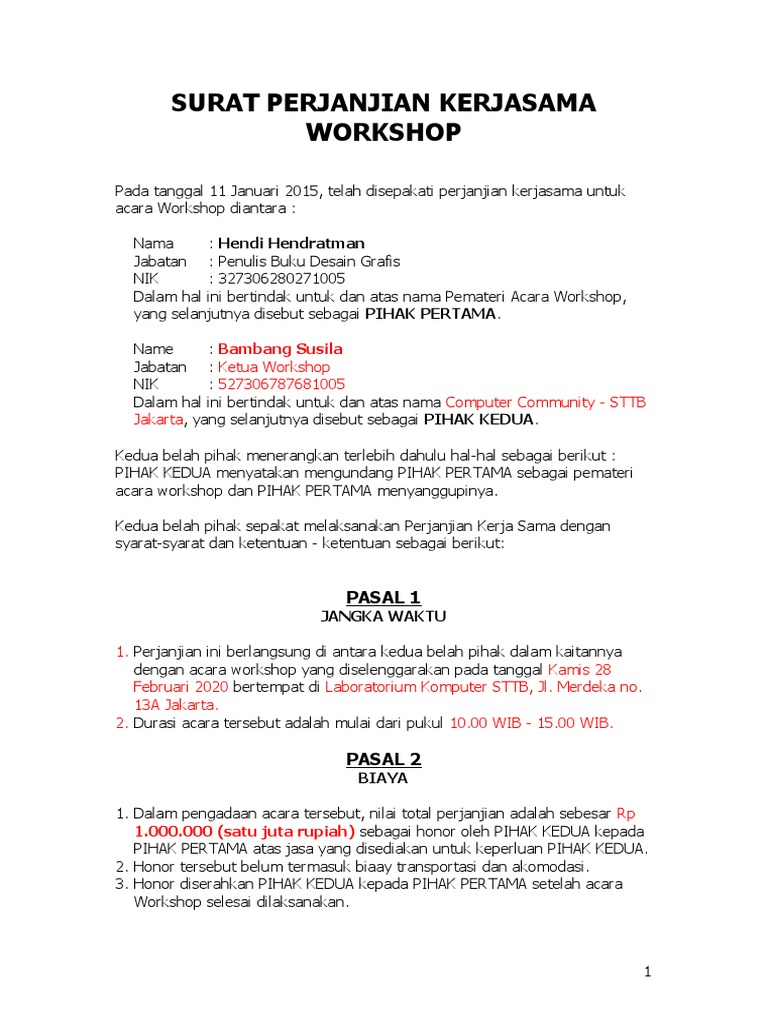 Contoh Surat Kerjasama Workshop 2 | PDF
