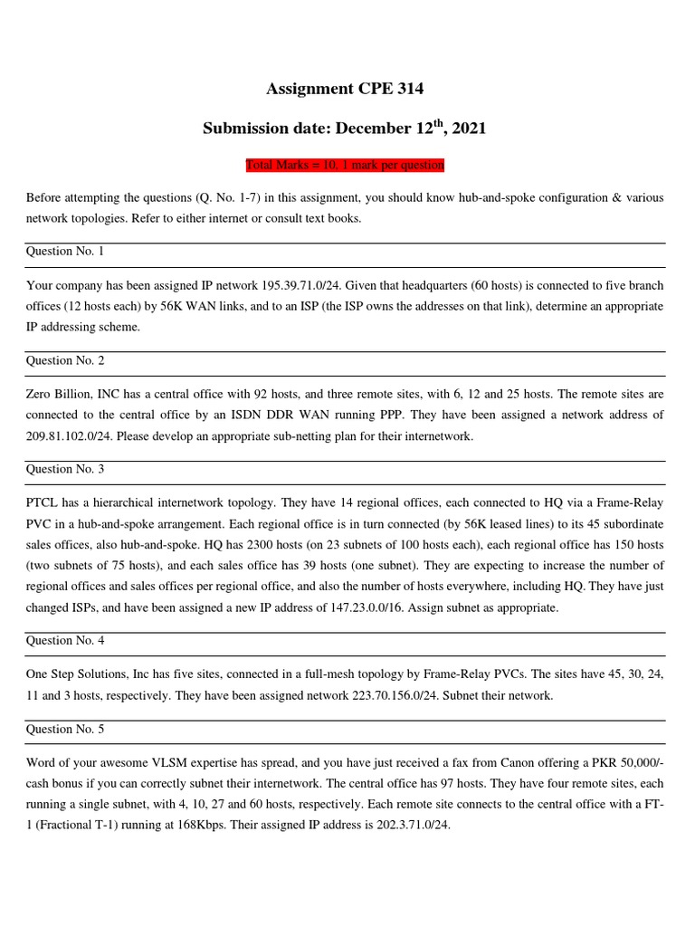 CPE314 Subnetting Assignment | PDF | Ip Address | Computer Network