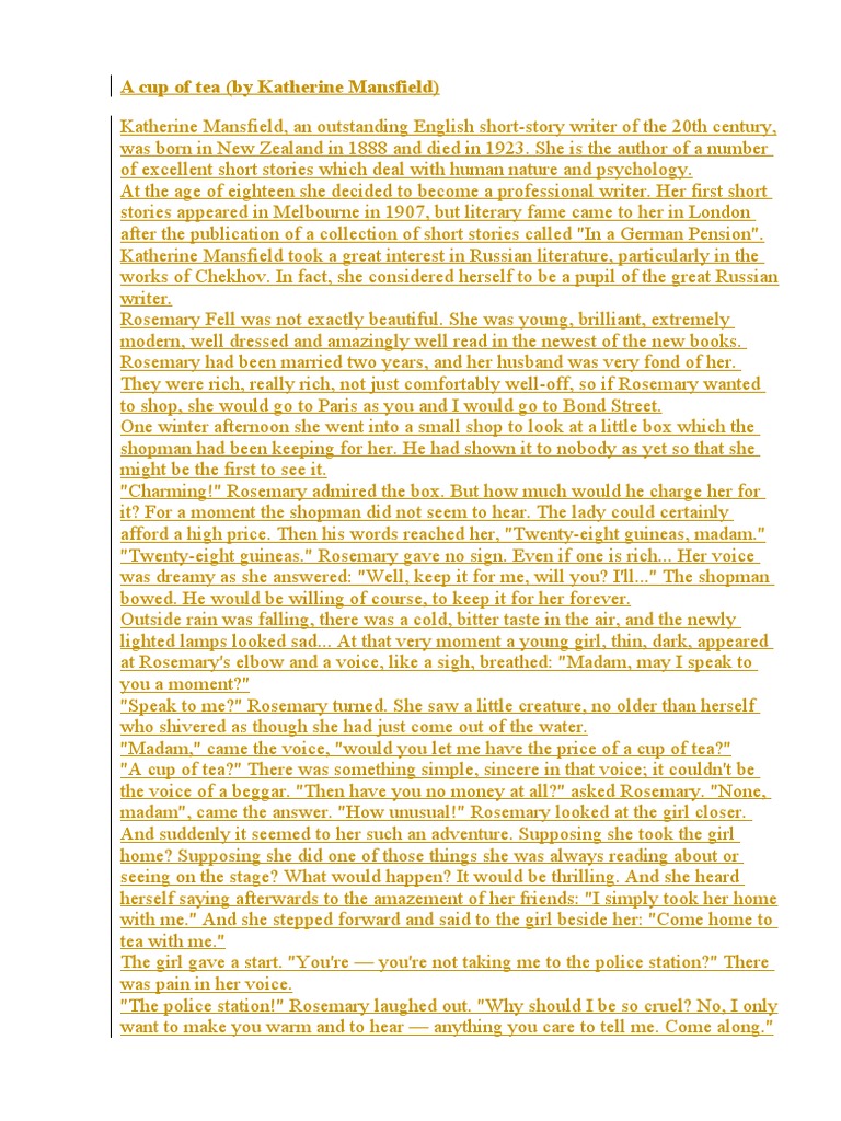 A Cup of Tea (By Katherine Mansfield) | PDF | Katherine Mansfield