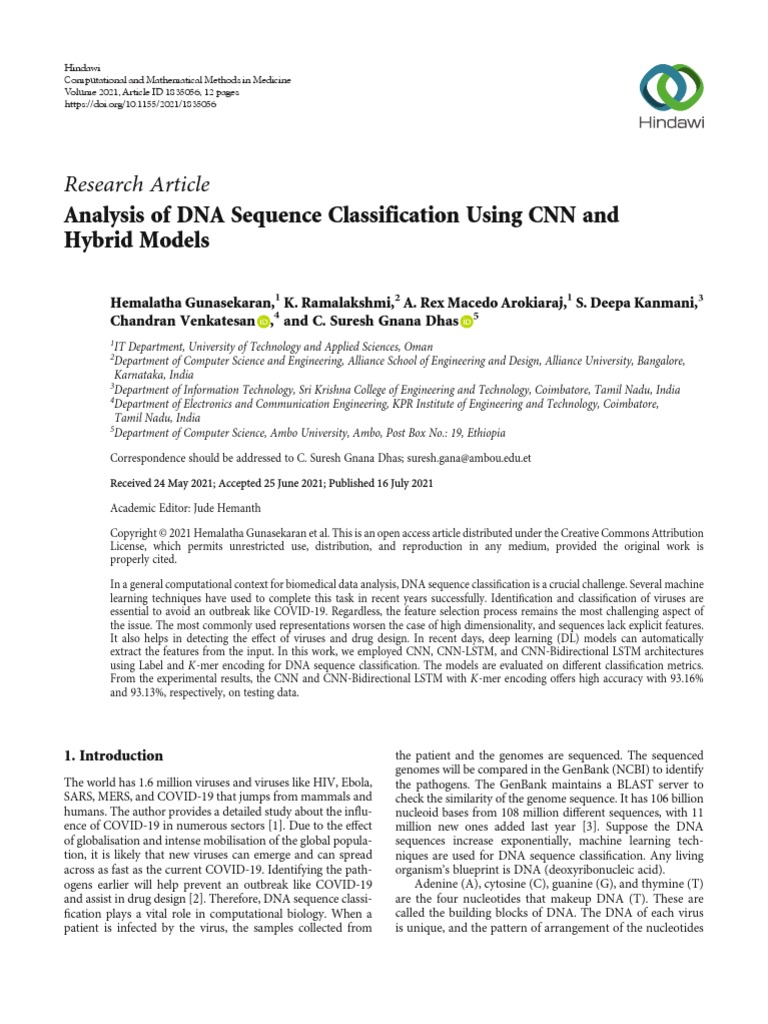 Research Article Analysis of DNA Sequence Classification Using CNN and ...