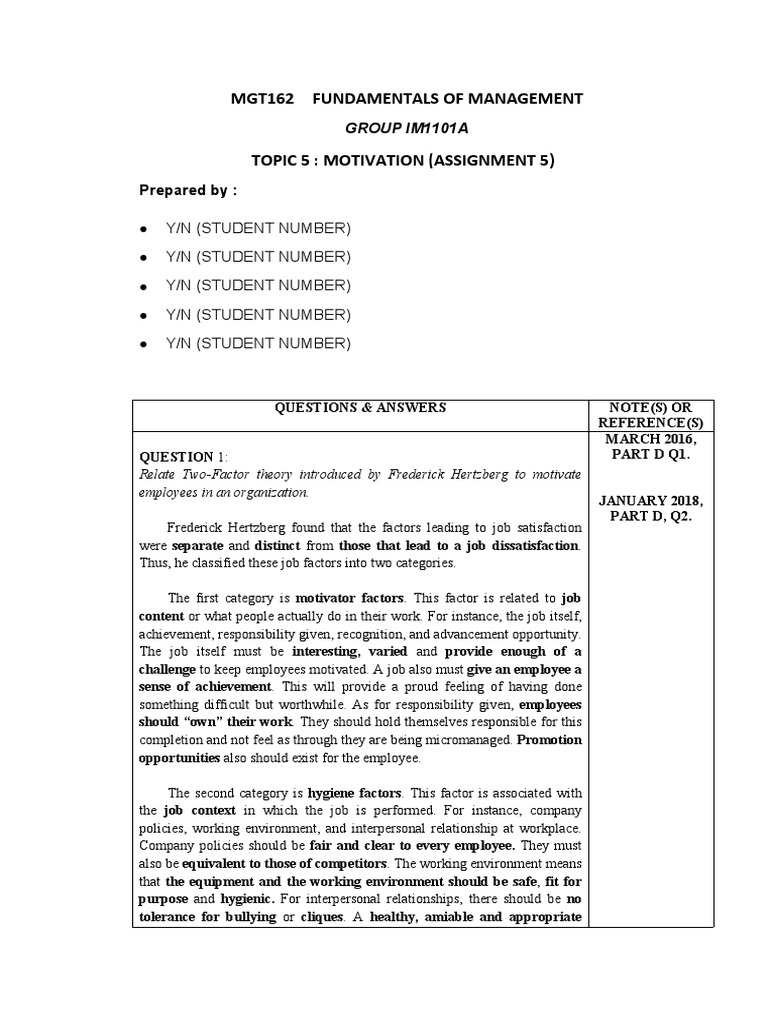 Mgt162 Fundamentals of Management Topic 5: Motivation (Assignment 5 ...