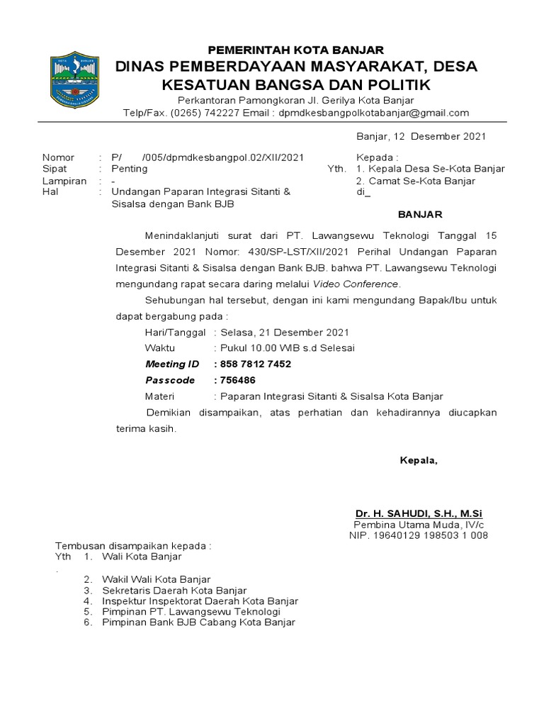 Surat Undangan - Papararan Integrasi Sitanti & Sisalsa Dengan Bank BJB ...