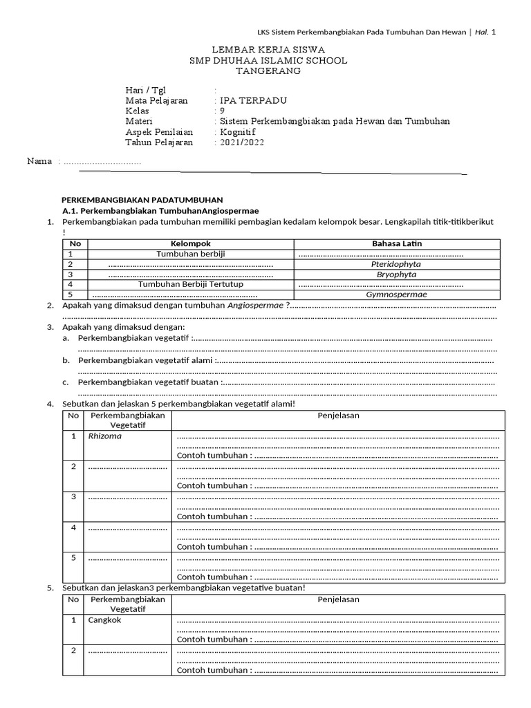 LEMBAR KERJA SISWA (LKS) - Sistem Perkembangbiakan Pada Hewan Dan Tumbuhan | PDF