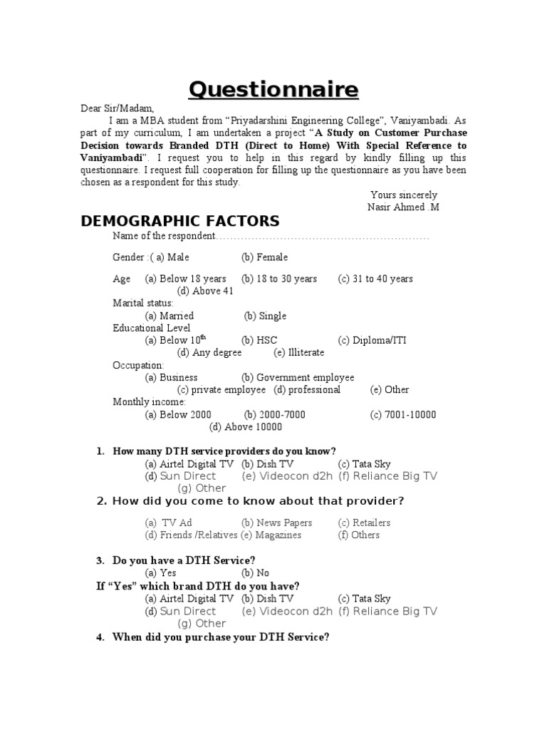 Questionnaire | PDF | Satellite Television | Marketing