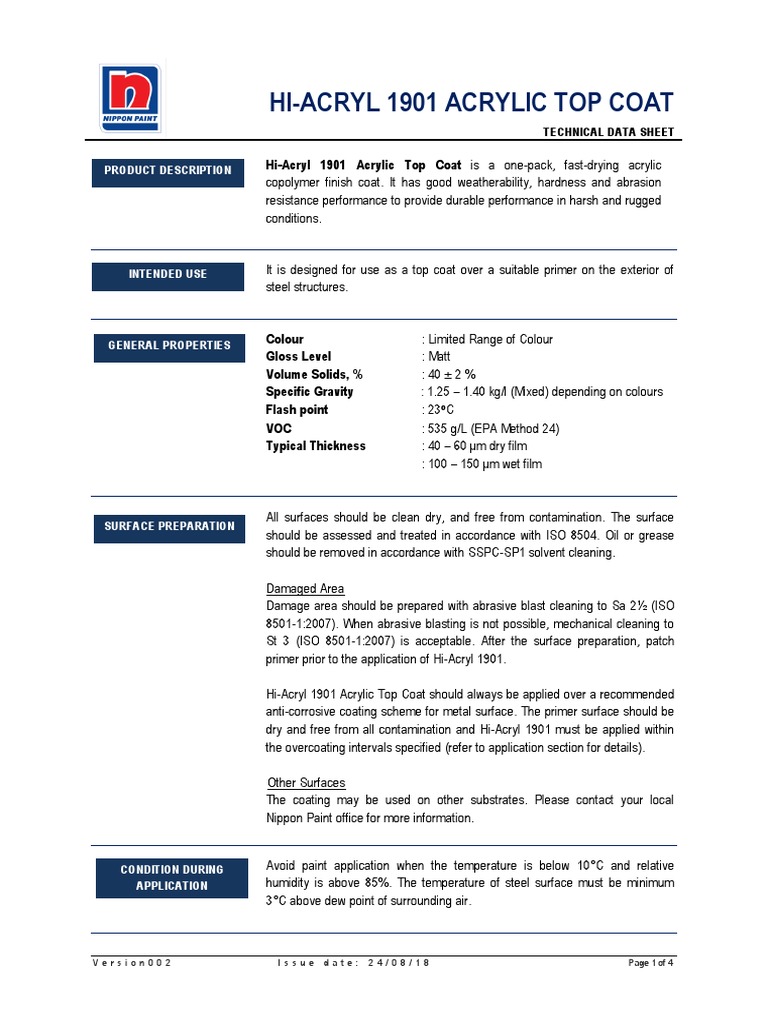 Hi-Acryl 1901 Acrylic Top Coat Overview | PDF | Acrylic Paint | Paint
