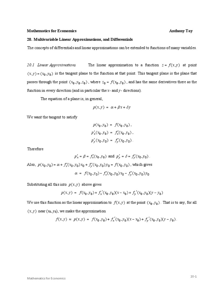 Multivariable Linear Approximations And Differentials Pdf Derivative Differential Calculus