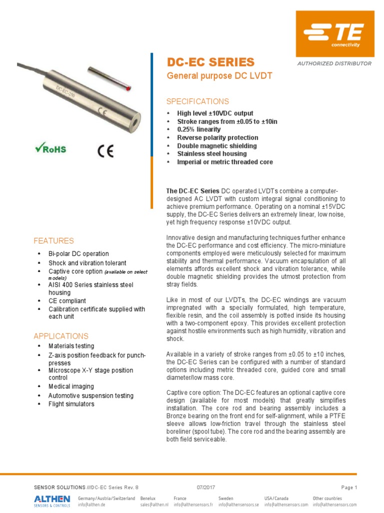 Dc-Ec Series: General Purpose DC LVDT | PDF | Metrology | Electrical ...