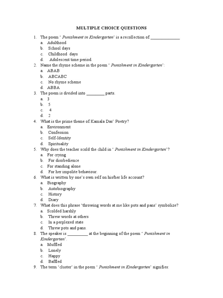 Multiple Choice Questions on Poems Punishment in Kindergarten and ...