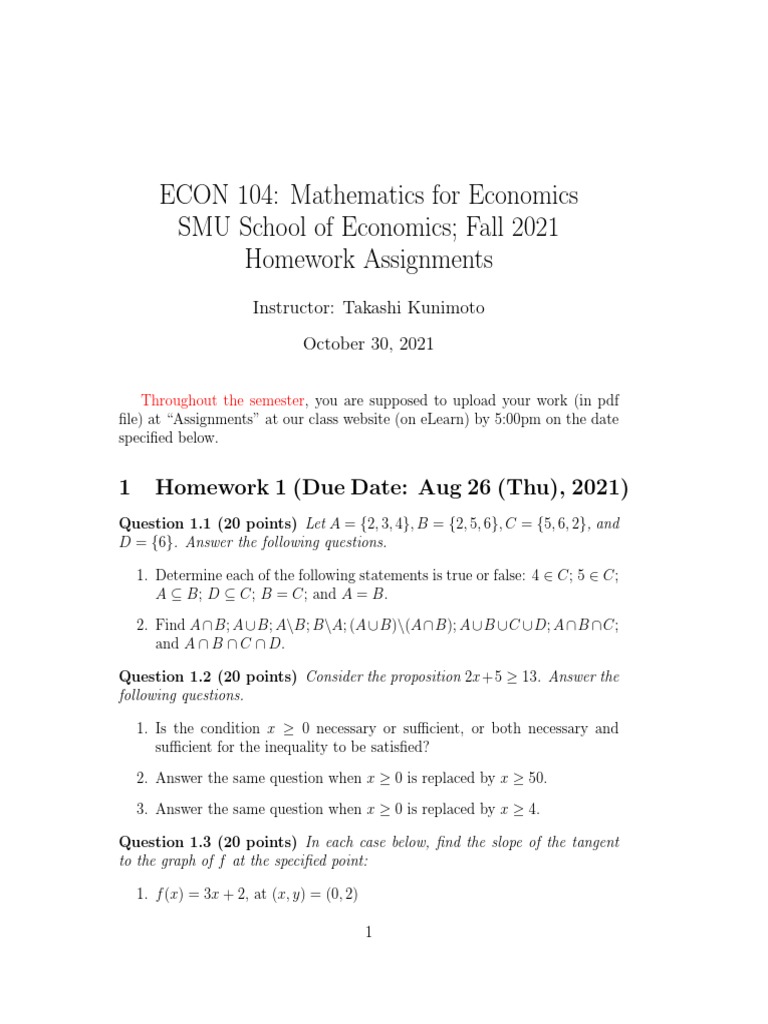 ECON 104: Mathematics For Economics SMU School of Economics Fall 2021 Homework Assignments | PDF ...