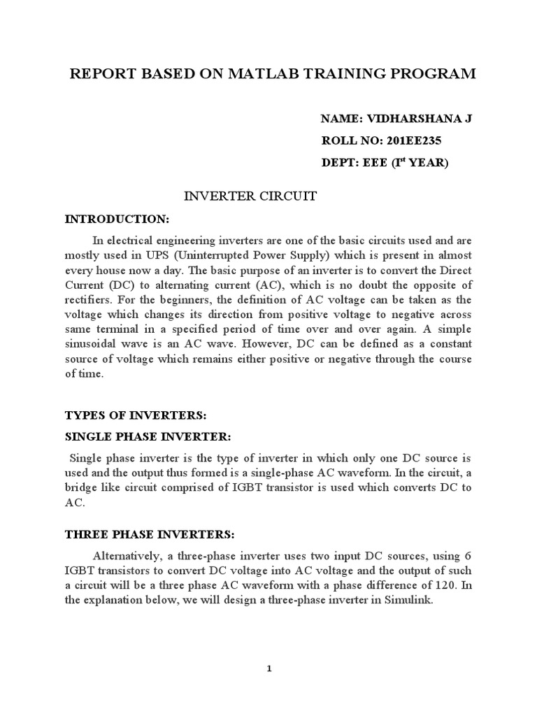 201ee235 VIDHARSHANA J MATLAB REPORT | PDF | Power Inverter | Direct ...