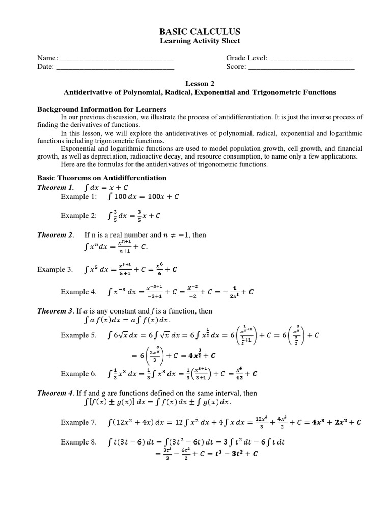 Basic Calculus LAS Quarter 4 Antiderivatives | PDF | Trigonometric ...