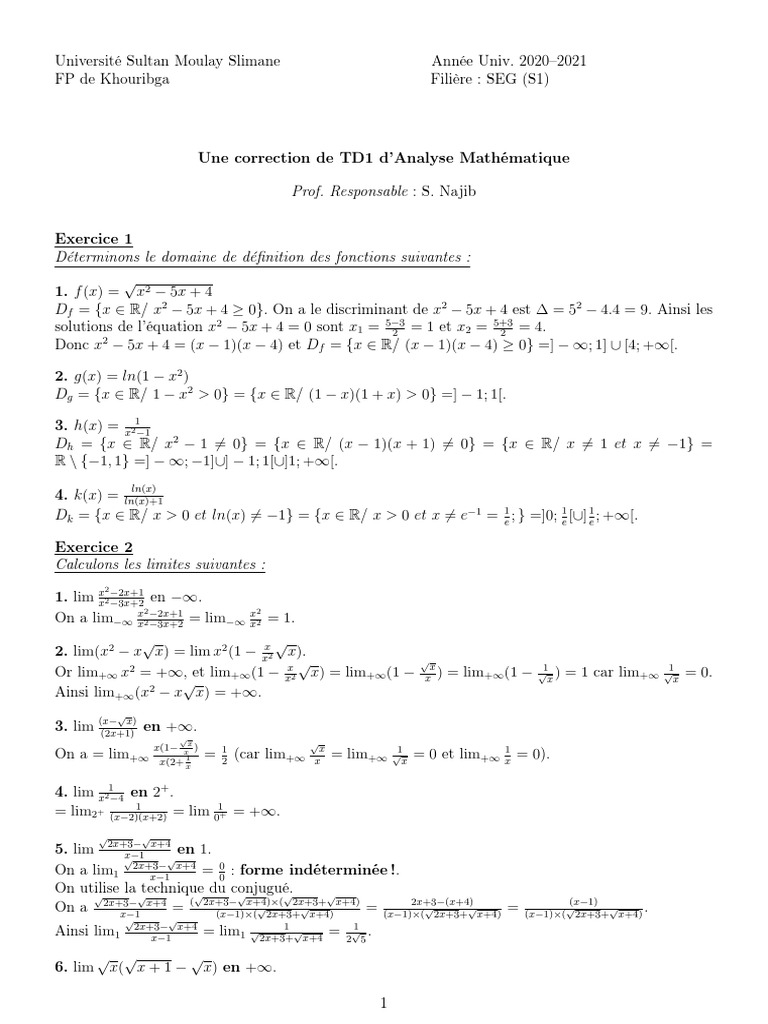Une Correction De La Série Dexercices N°1 Analyse Mathematique Pdf Asymptote Relations