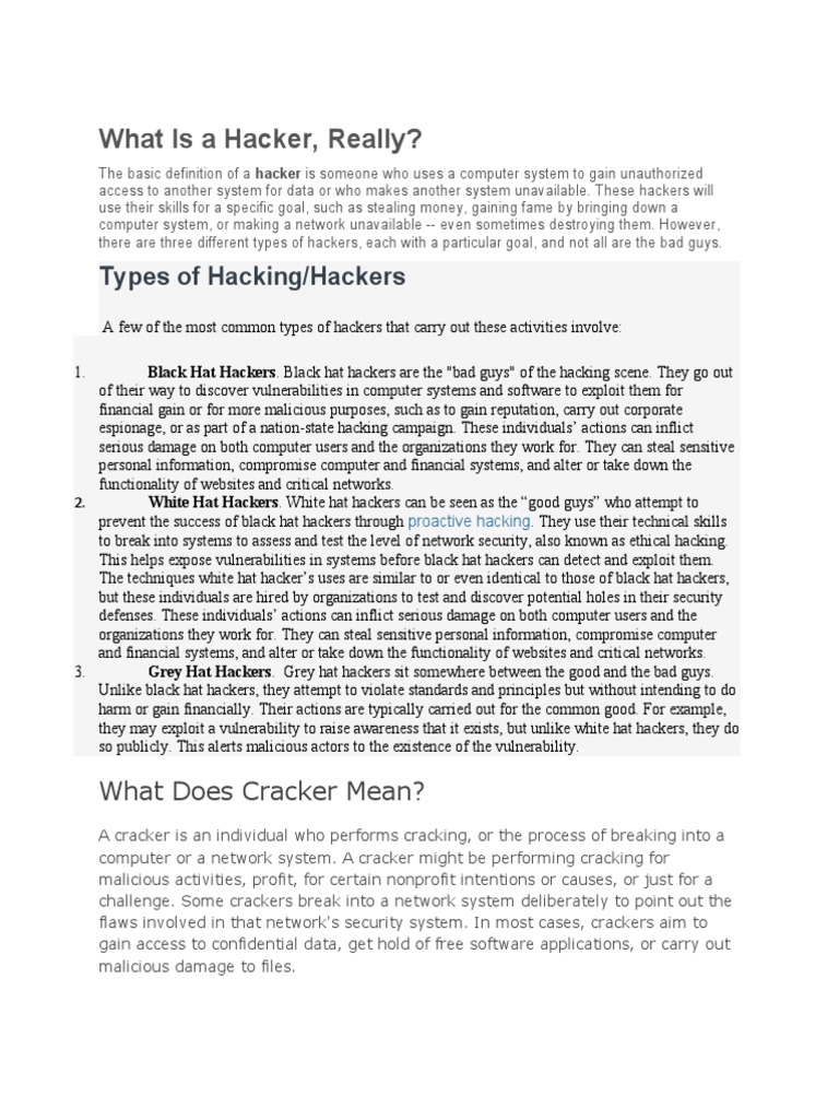 What Is A Hacker, Really?: Types of Hacking/Hackers | PDF | Security ...