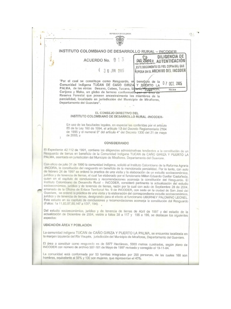 Resolución de Creación Resguardo Indígena Tucán Caño Giriza. | PDF