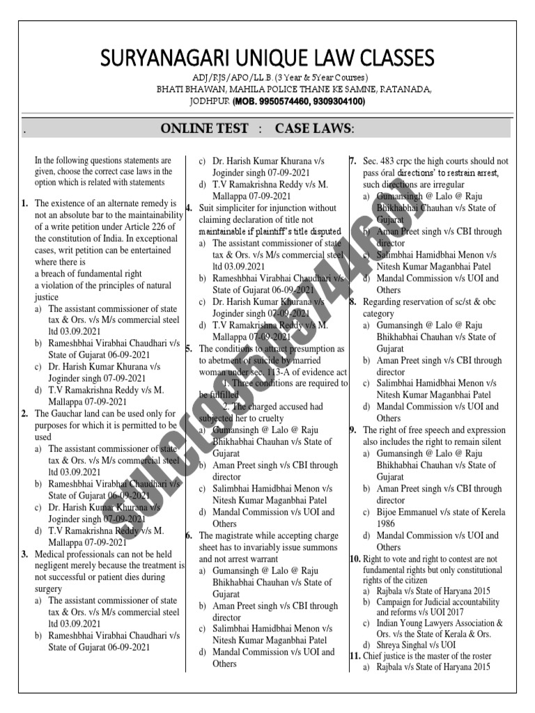 Suryanagari Unique Law Classes: Online Test: Case Laws | PDF | Supreme ...