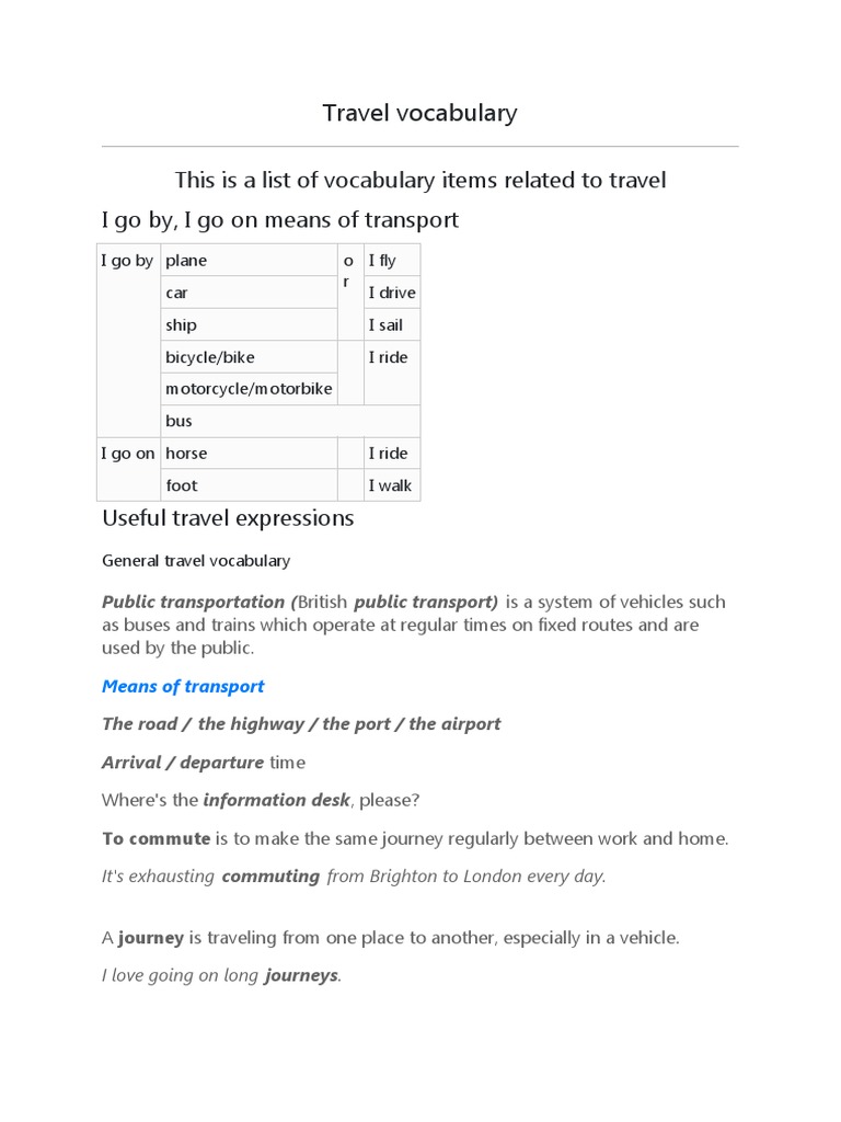 Travel Vocabulary: This Is A List of Vocabulary Items Related To Travel ...