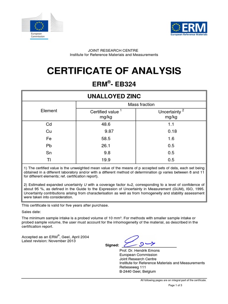 Certificate of Analysis: ERM - EB324 | PDF | Spectroscopy | Analytical Chemistry