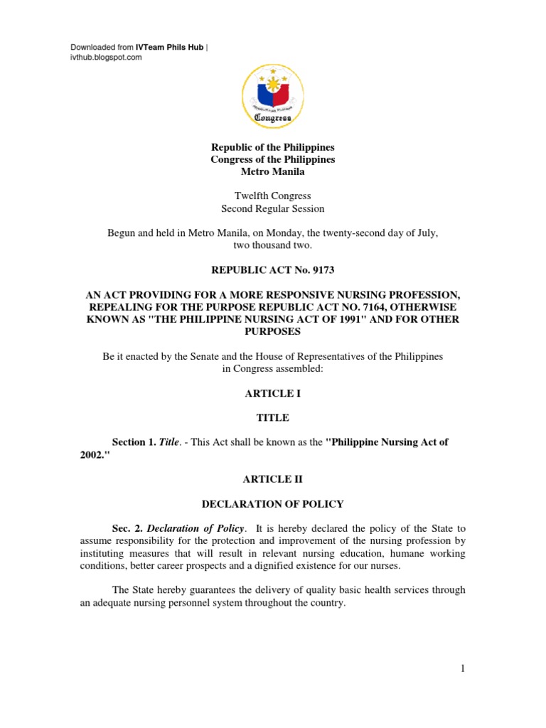 RA 9173 Philippine Nursing Act of 2002 | PDF | Licensure | Nursing