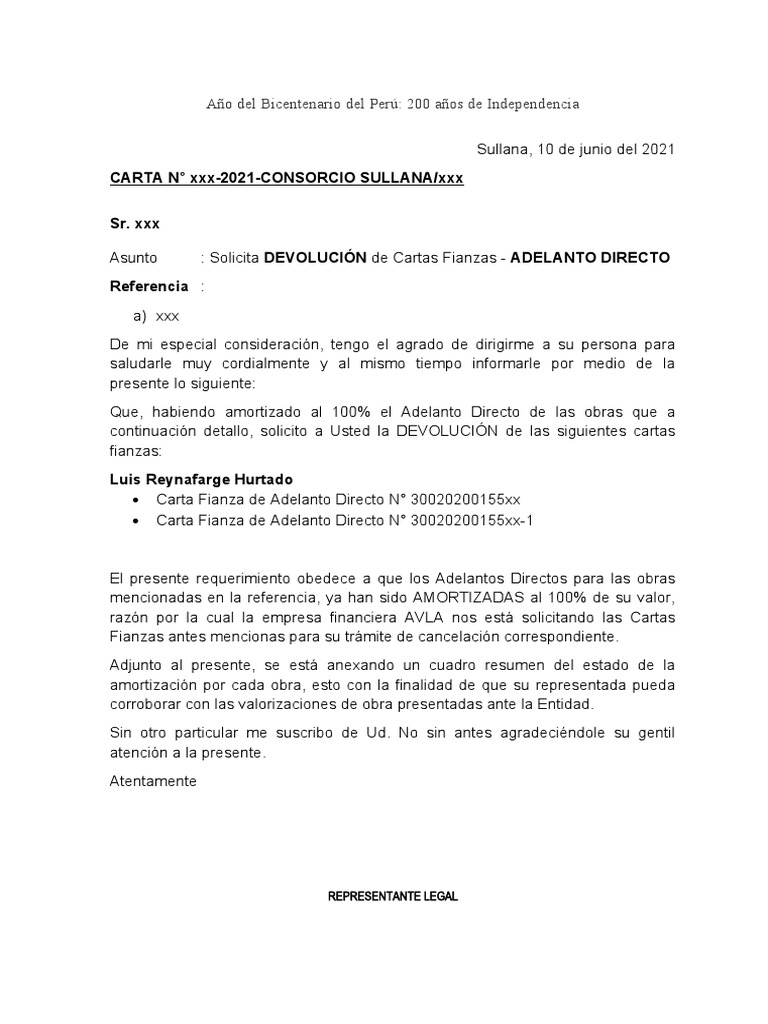 Carta Solicitando DEVOLUCIÓN de Cartas Fianzas - JUNIO 2021 M | PDF