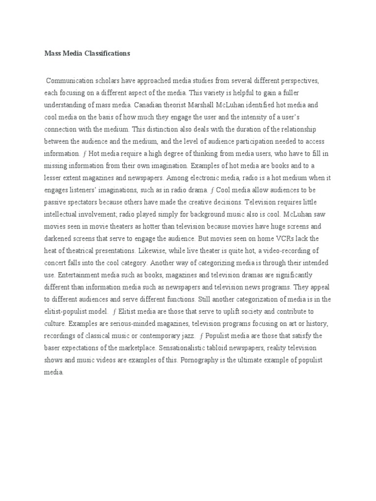 Classification of Masscommunication | PDF | Mass Media | Communication