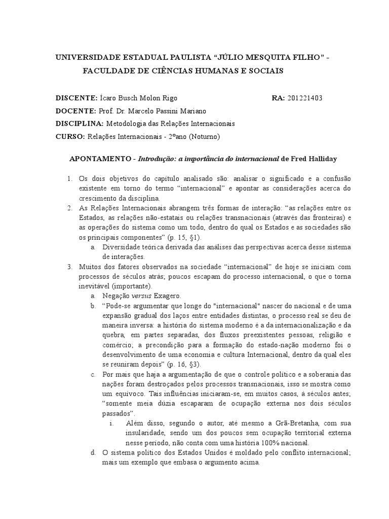 Apontamento - A Importância Do Internacional de Fred Halliday - Met ...