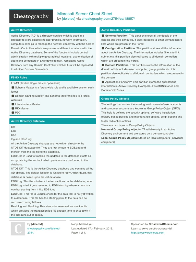 Microsoft Server Cheat Sheet: by Via | PDF | Active Directory ...
