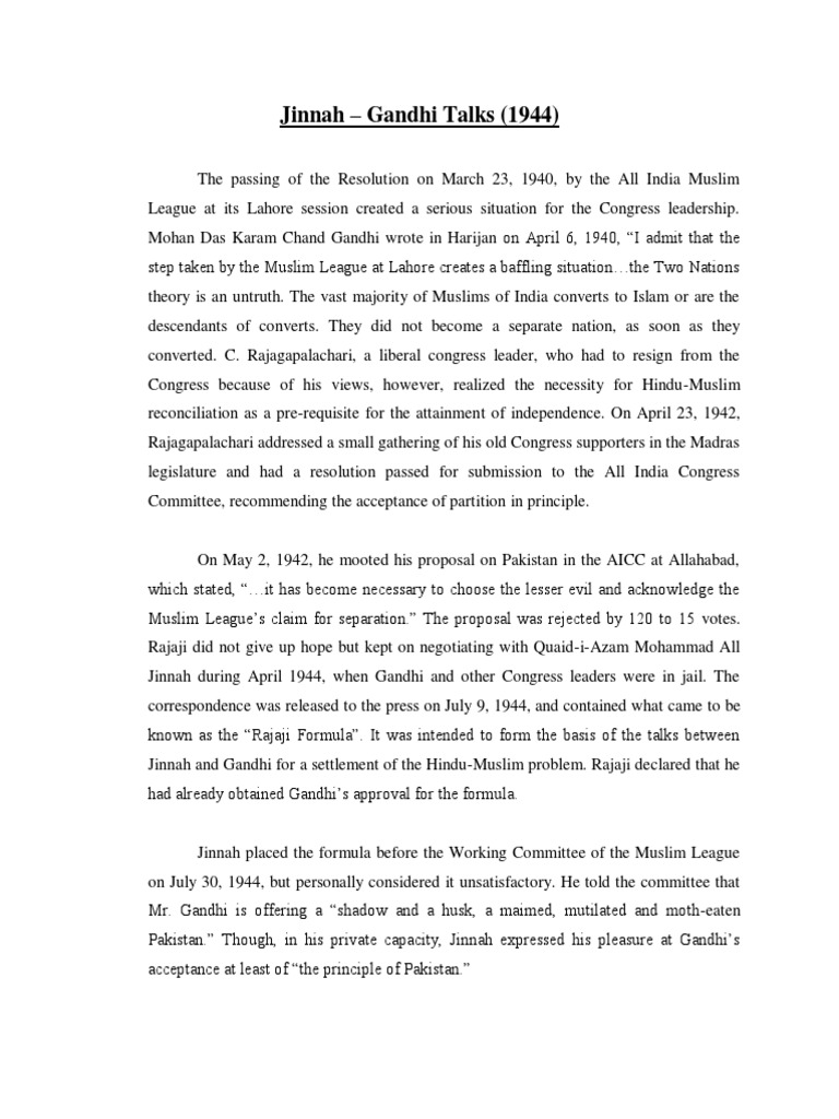 Gandhi-Jinnah Talks: 1944 Breakdown | PDF | Muhammad Ali Jinnah ...