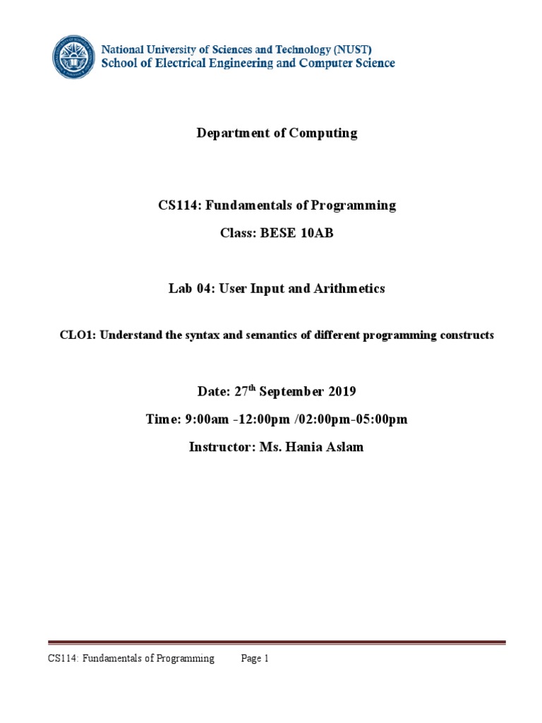 Lab 4 - User Input and Arithmetic OperationsBESE-10 | PDF | Input/Output | Computer Programming