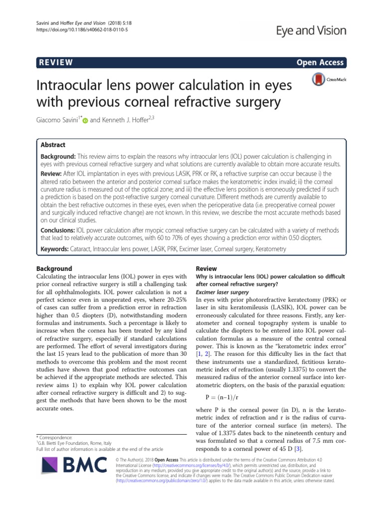 Intraocular Lens Power Calculation in Eyes With Previous Corneal ...