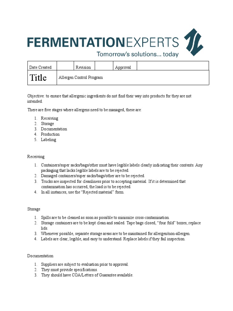 Allergen Control Program | PDF