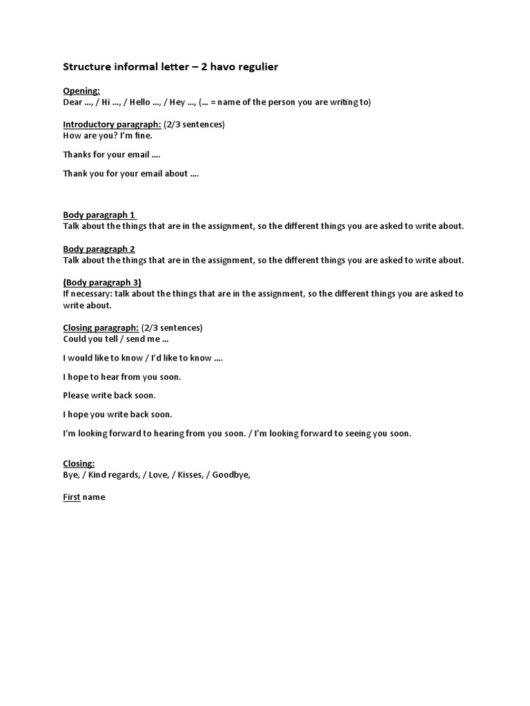 Structure Informal Letter - 2 Havo Regulier: Opening | PDF | Language ...