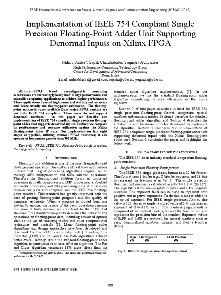 Implementation of IEEE 754 Compliant Single Precision Floating-Point Adder Unit Supporting ...