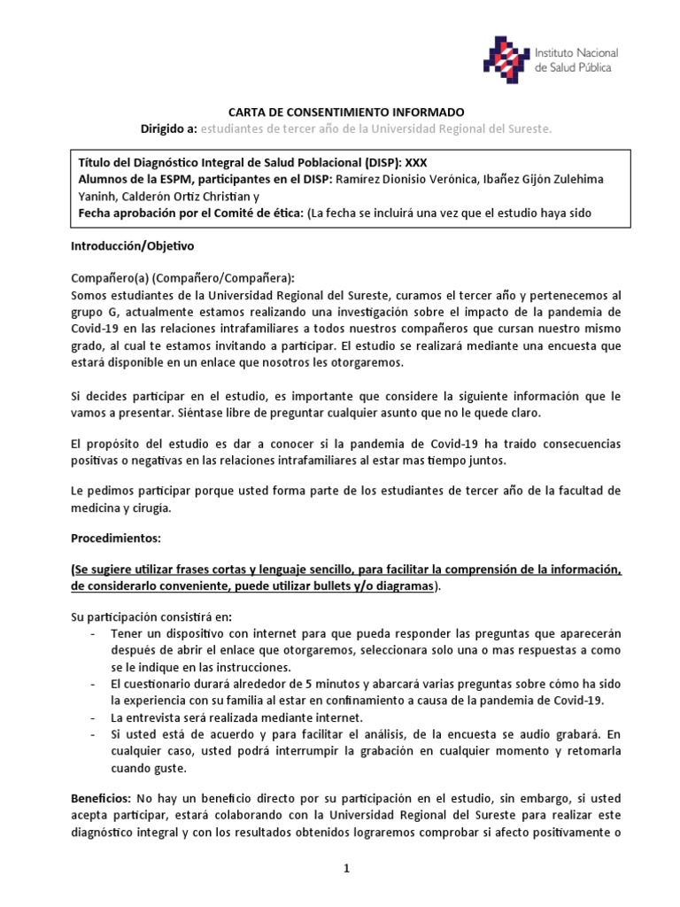 Carta Consentimiento Disp | PDF | Cuestionario