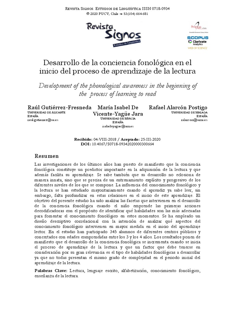 Desarrollo de La Conciencia Fonológica en El Inicio Del Proceso de ...