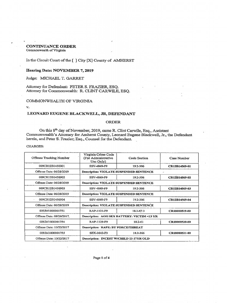 Continuance Order For Virginia V Leonard Eugene Blackwell, Jr. | PDF