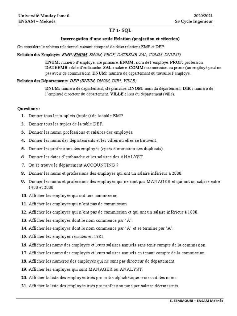 TP1-SQL Employes DB 2020-2021 | PDF | Échecs | Théorie (échecs)