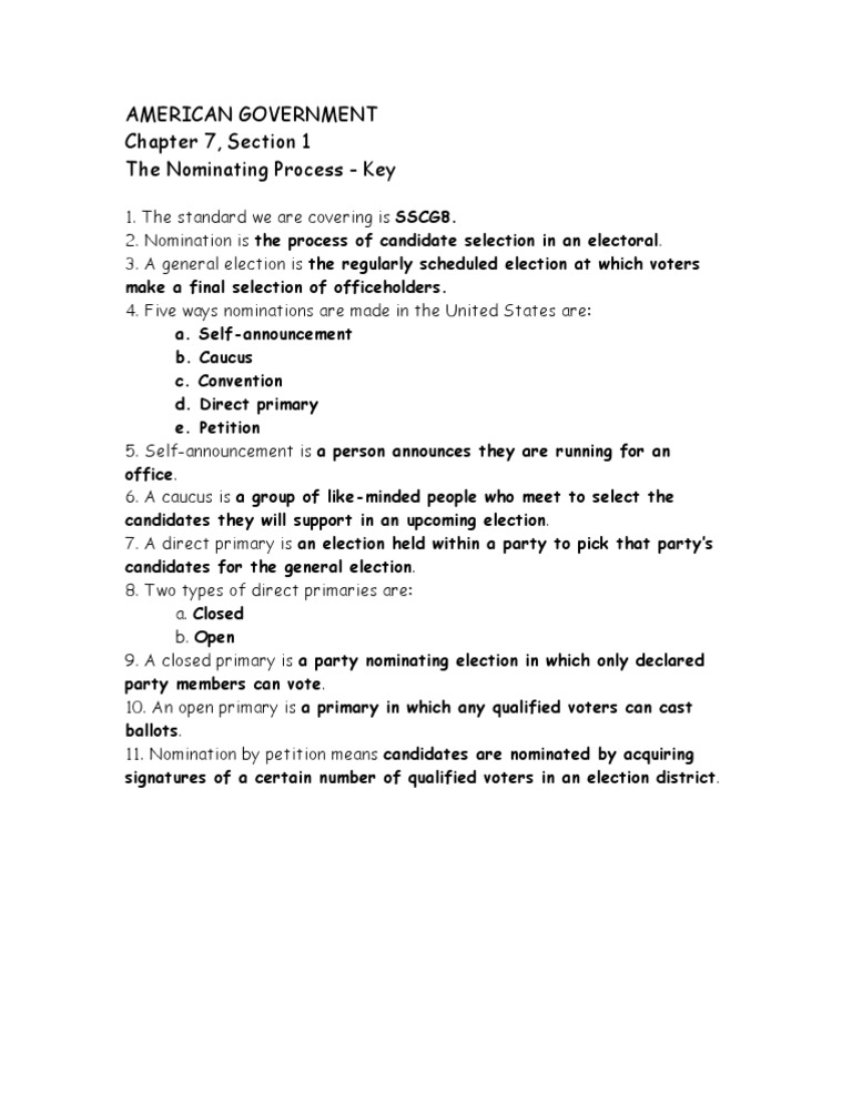 American Government Chapter 7, Section 1 The Nominating Process - Key ...
