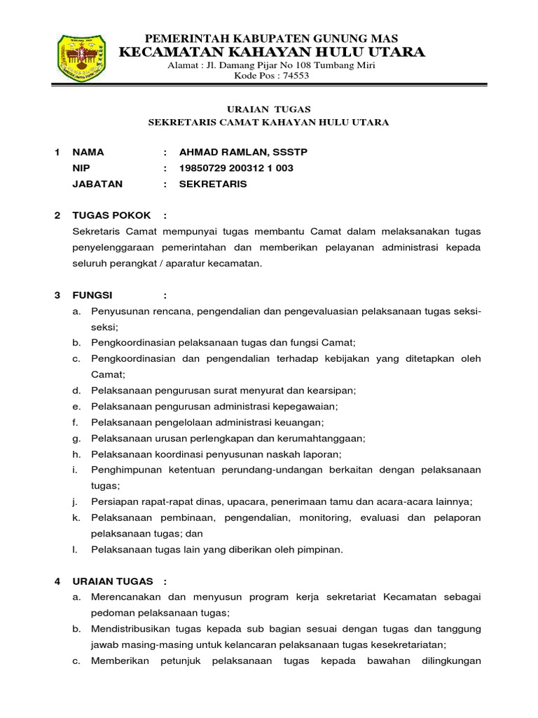 Uraian Tugas Sekretaris Camat | PDF