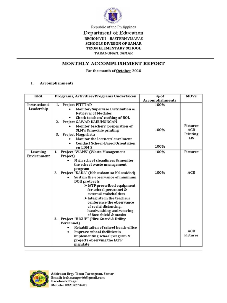 October 2020 Monthly Accomplishment Report | PDF