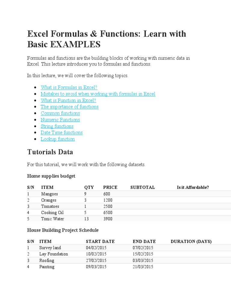 Excel Formulas & Functions: Learn With Basic Examples: Tutorials Data ...