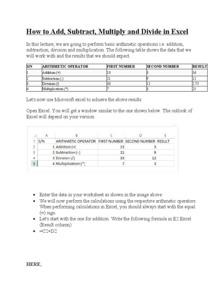 How To Add, Subtract, Multiply and Divide in Excel: S/N Arithmetic ...