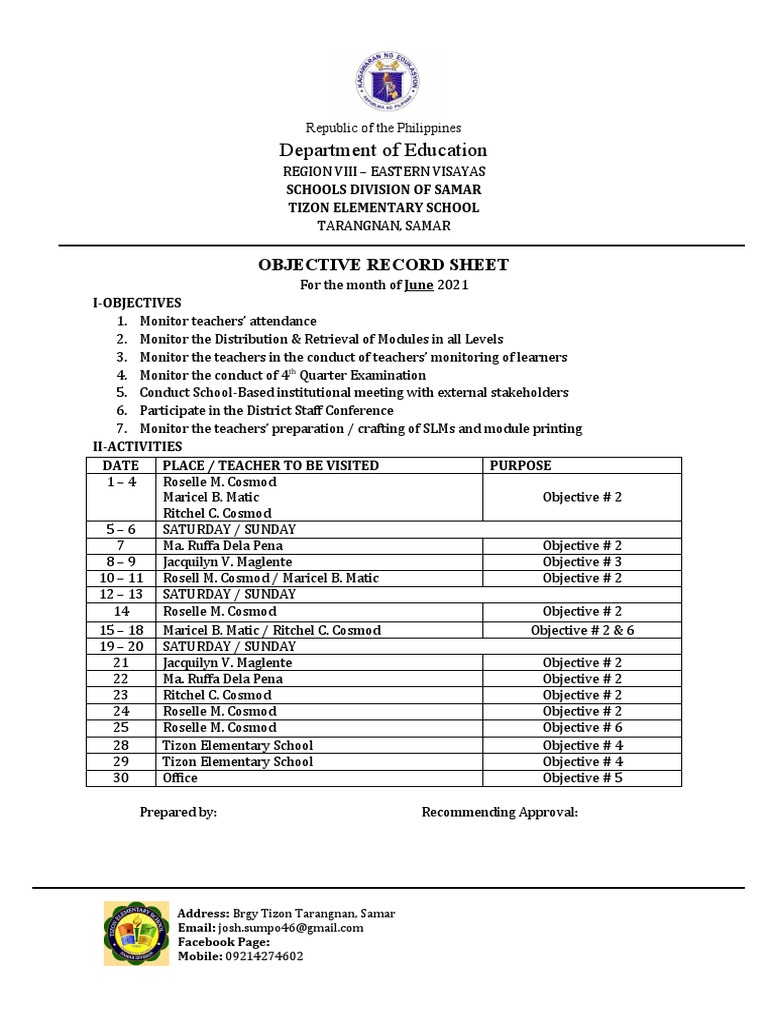 Department of Education: Objective Record Sheet | PDF | Learning ...