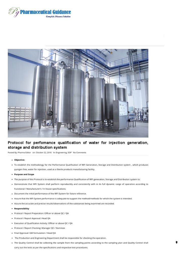 Protocol For Perfomance Qualification of Water For Injection Generation ...