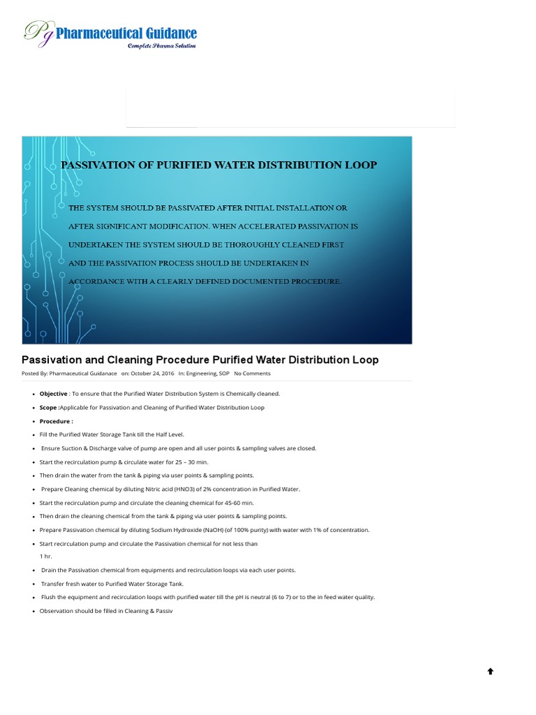 Passivation and Cleaning Procedure Purified Water Distribution Loop - Pharmaceutical Guidance | PDF