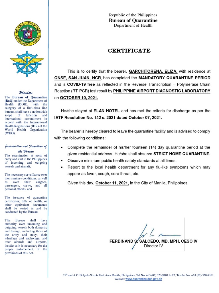 Certificate: Bureau of Quarantine | PDF | Quarantine | Health Sciences