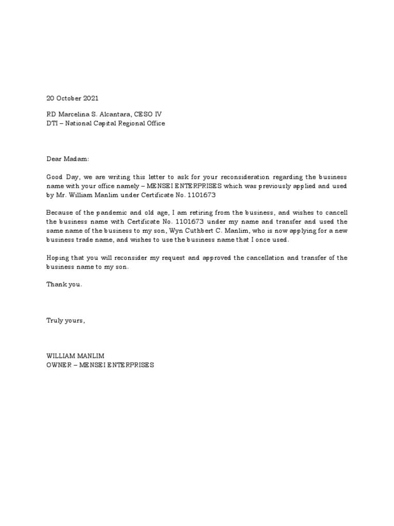 Reconsideration Letter Dti Mensei Ent | PDF