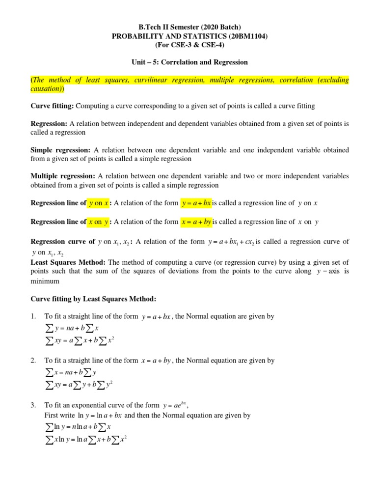 ProbStat - Curvefitting - U5notes | PDF | Correlation And Dependence ...