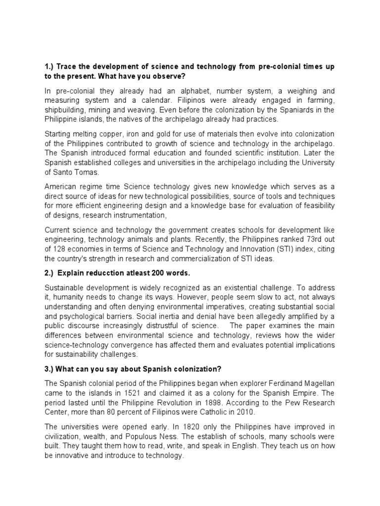 1.) Trace The Development of Science and Technology From Pre-Colonial ...